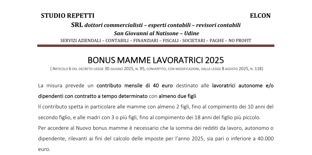 BONUS MAMME LAVORATRICI 2025 - Studio Repetti